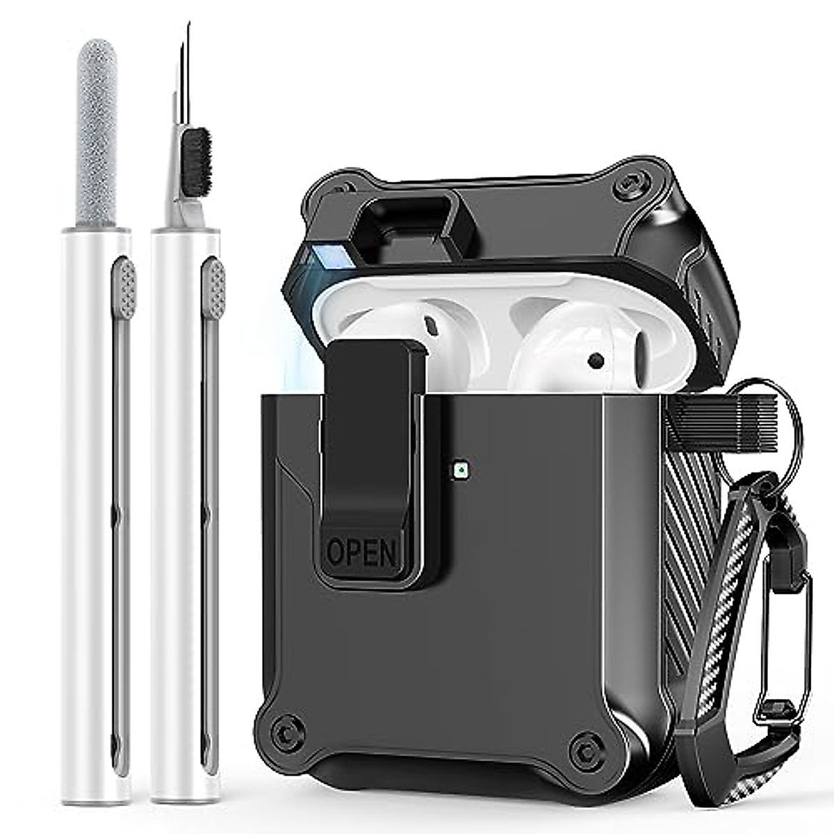 Airpods Case Cover with Cleaner kit,Automatic Snap Switch Design with Secure Lock Clip Protection for Apple Airpods 2nd/1st Generation Charging Case（Black）