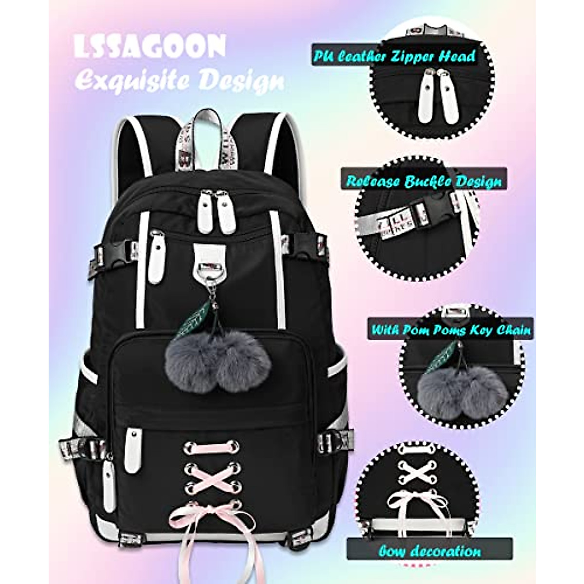 LSSAGOON Backpack for Women Teen Kids Girls, Water Resistant Casual Daypack Fits Laptop with USB Charging Port,Cute Bookbag for Travel,School,Hiking,Gift…