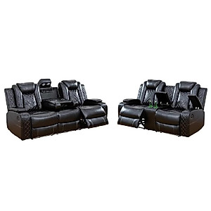 AYCP Multifunction Power Air Leather Recliner Sofa Set with LED Lights, Living Room Furniture, Reclining Sofa, loveseat, Chair with USB Port/Storage (Black, Sofa+Loveseat)