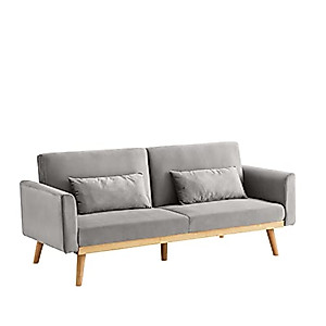 AWQM Velvet Futon Sofa Bed, Memory Foam Couch Set, Upholstered Modern Daybed Convertible Folding Loveseat Recliner with Pillows and Wooden Frame for Compact Living Room, Apartment, Dorm, Office (Grey)