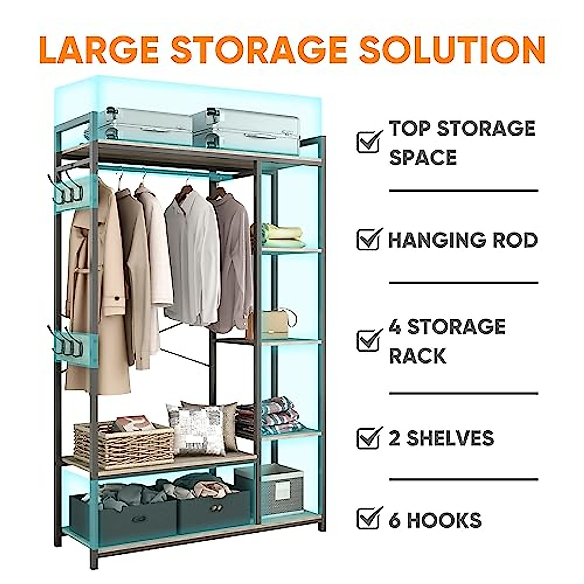 FreeStanding Clothing Rack Heavy Duty Closet Organizer with Shelves, 2 Fabric Drawers and 6 Hooks Clothes Wardrobe Closet Storage Rack,GREY