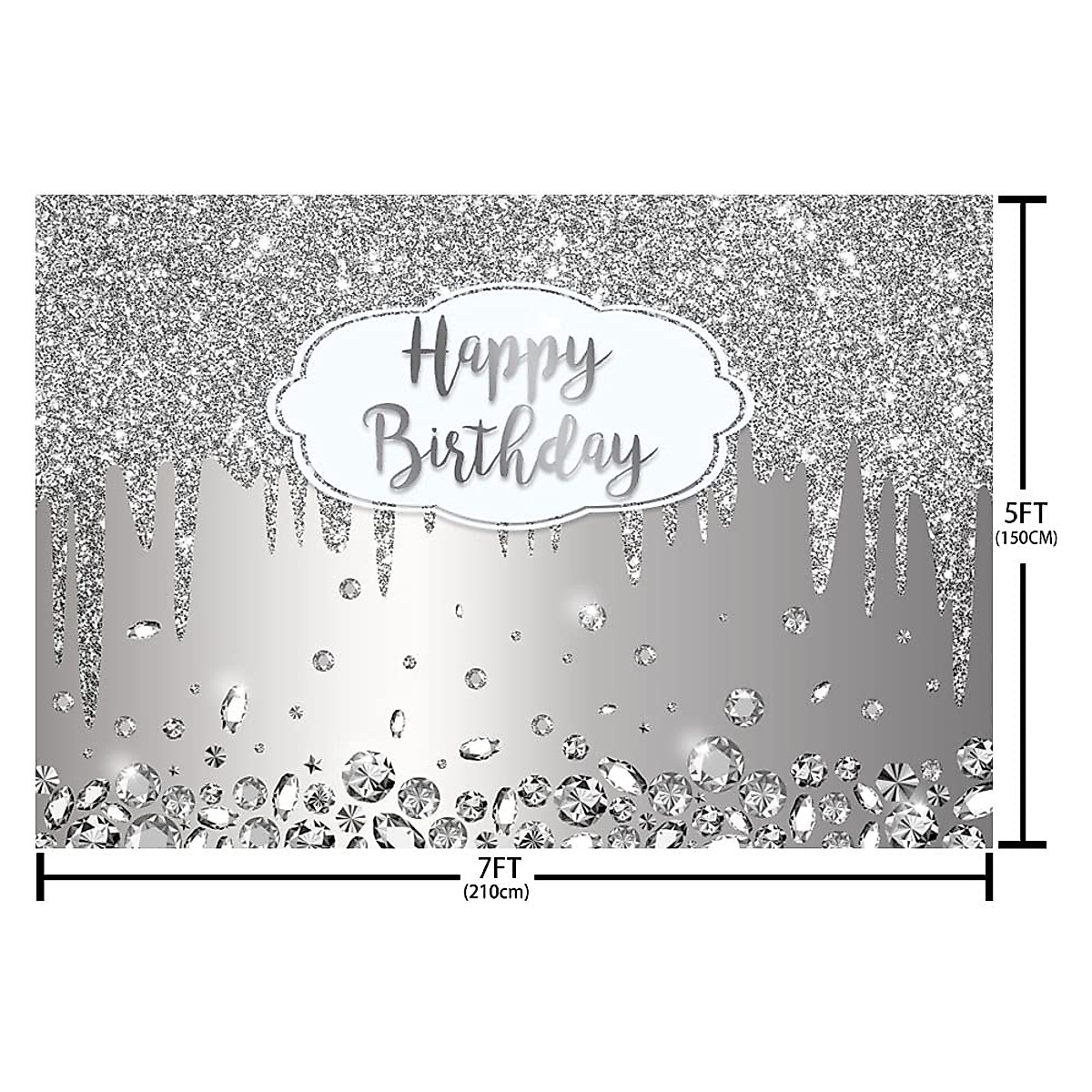 ABLIN 7x5ft Happy Birthday Backdrop Dripping Glitter Crystal Diamond Silver Photo Background Girls Women Bday Party Decorations Cake Table Banner Wall Decor Props