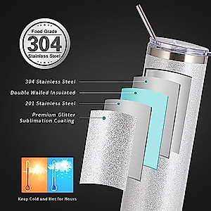 PYD Life Sublimation Tumblers Glitter Blanks Skinny 30 OZ Silver Straight Stainless Steel Tumbler with Lid and Stainless Straw for Tumbler Heat Press Sublimation Oven Printing 4 Pack