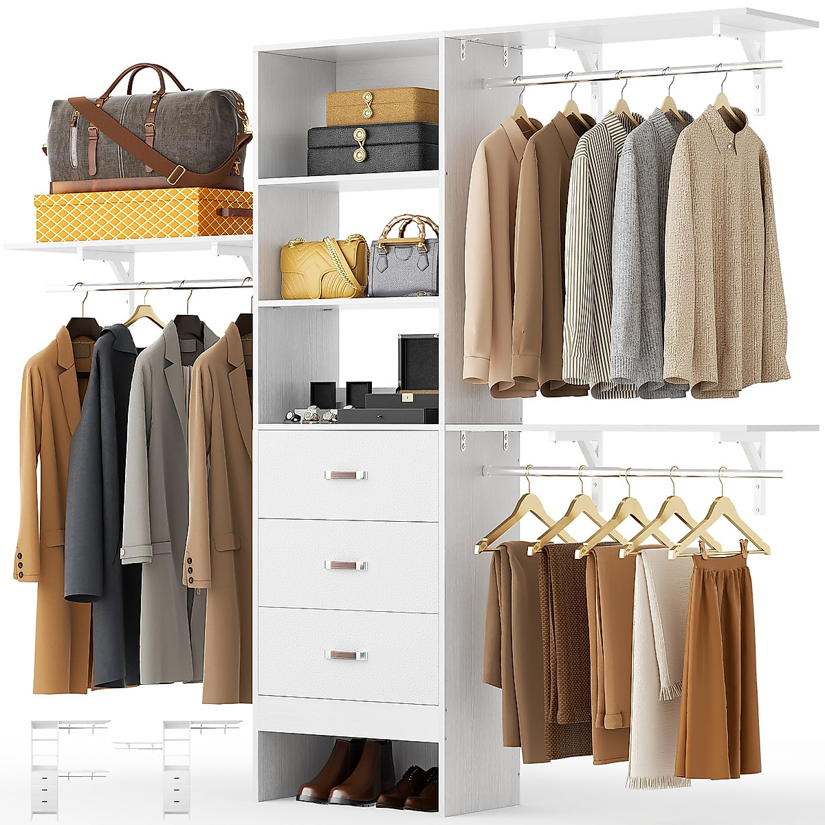 Cyclysio Closet System, 8FT Closet Organizer System with 3 Wooden Drawers, 96'' Walk-in Closet with 3 Hanging Rods & 3 Shelf Tower, Adjustable Wall Mount Closet Organizer, Build-in Garment Rack,White