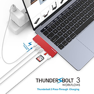Wavlink USB-C Hub Aluminum Type-C Adapter for Apple MacBook Pro 2016 and 2017-40GB/S Thunderbolt 3 5K@60Hz, USB-C Data Port, 2 USB 3.0, SD/Micro SD Card Readers with Leather case-Red