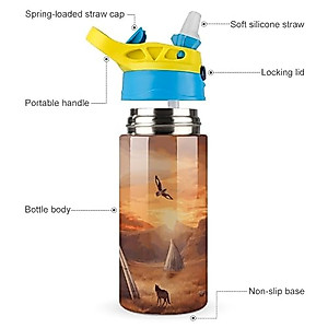 Stainless Steel Water Bottles Native American Tribes Travel Water Cups with Handle And Silicone Straw Drinking Cup with Leak Proof Lid Thermo Travel Mug for Women Men