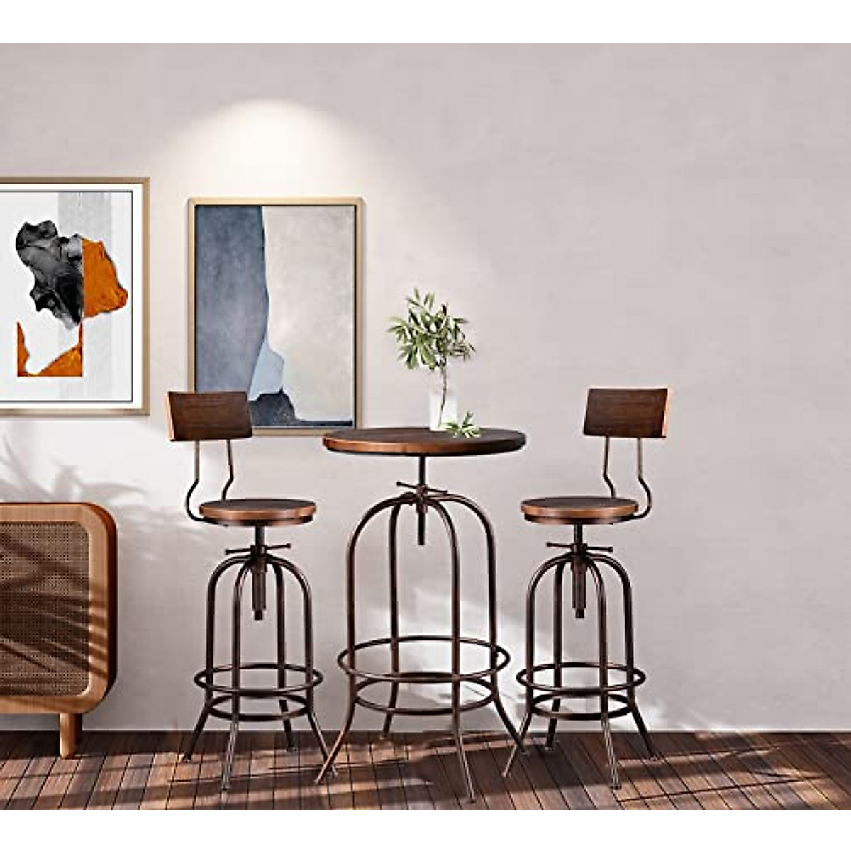 LOKKHAN Industrial Bar Stool-Adjustable Swivel Round Wood Metal Kitchen Stool-26-32.3 Inch Rustic Farmhouse-Counter Height Extra Tall Bar Height Stool,Arc-Shaped Backrest,Welded,Set of 2