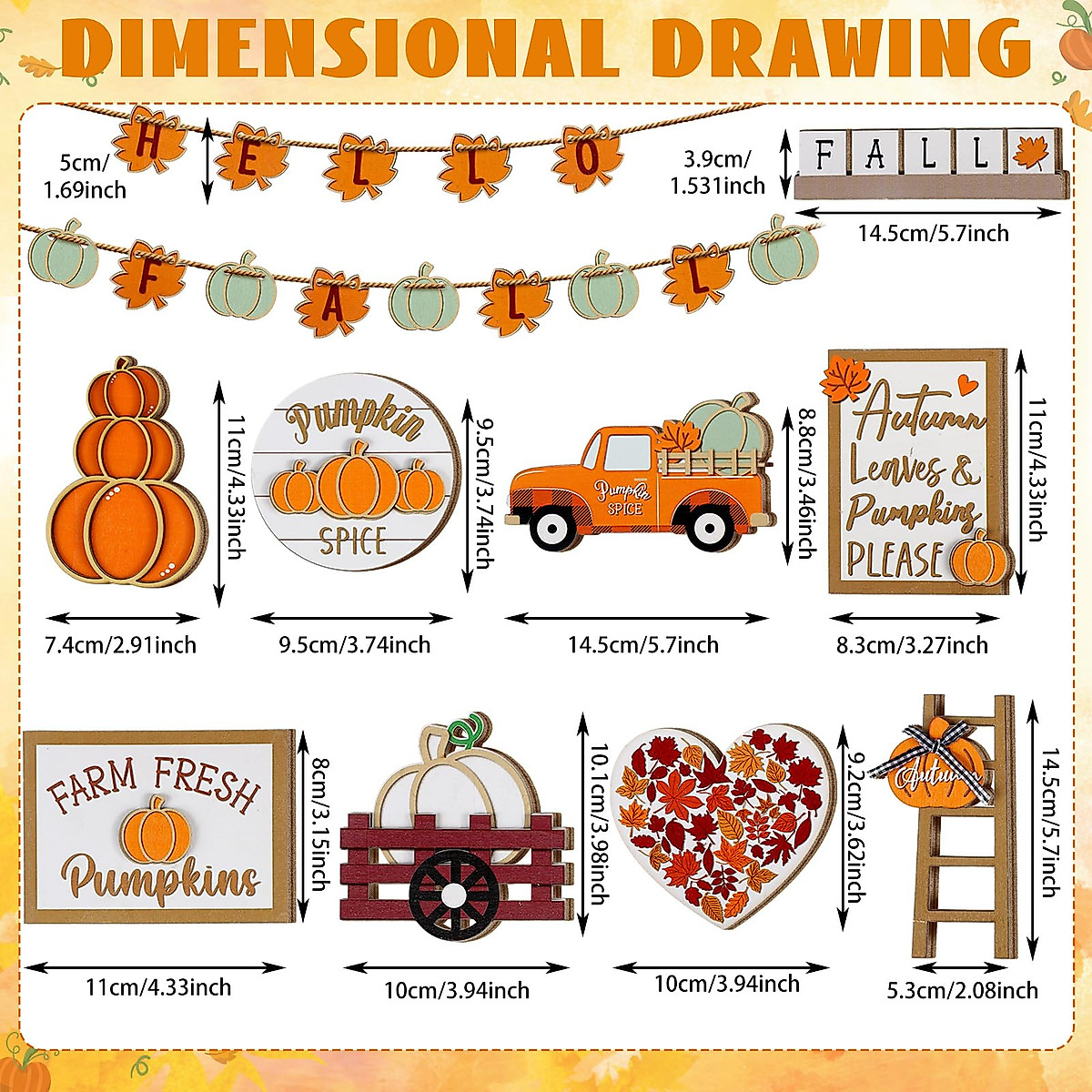 23-Piece Fall Tiered Tray Decoration Set - Thanksgiving Pumpkin Maple Leaf Truck Wooden Sign Rustic Farmhouse Tray Decoration Tabletop Sign Holiday
