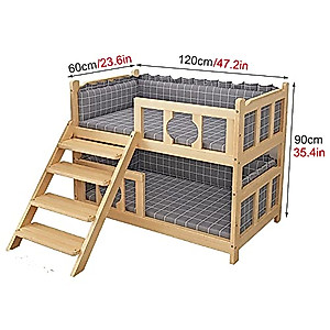 HYDT Luxury Double-Layer Dog Bed Pet Sofa with Bedding&Guardrail,Solid Wood Bedside Pet Cot with Grey Cushion Set,Four Seasons Universal (Size : 120x60x90cm/47.2x23.6x35.4in)