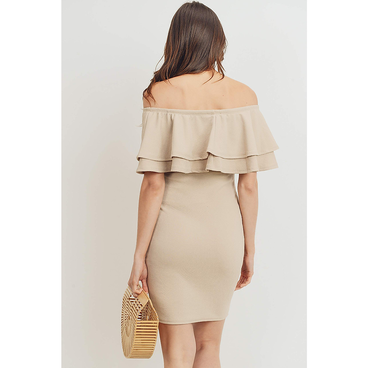 LaClef Women's Off Shoulder Maternity Dress with Double Ruffle, Taupe Solid, Large