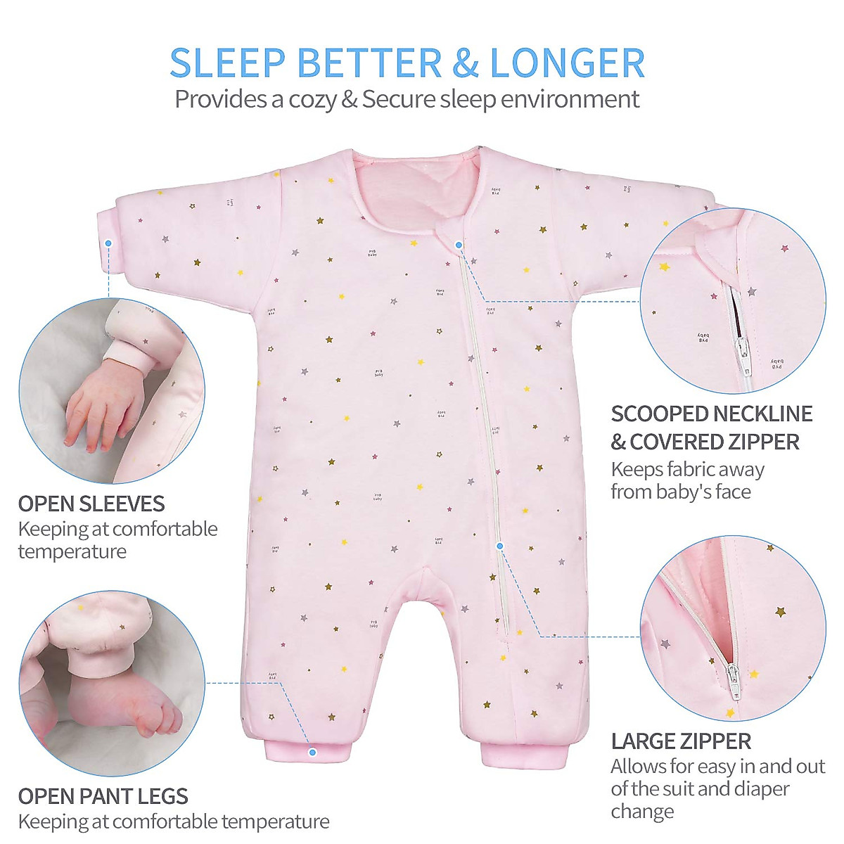 BBTKCARE Sleep Sack - Cotton Wearable Blanket，Warm Baby Pajamas for Toddler 3-6 Month-Pink