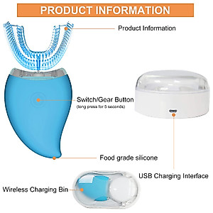 BESUNTEK 360°Ultrasonic Electric Toothbrush Sonic Toothbrush for Adults,Waterproof Washable and Reusable Sonic Automatic Toothbrush with U-Shaped Silicone Toothbrush Head (Blue)