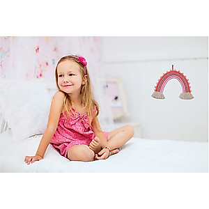 Macrame Pastel Rainbow with Pompoms and Tassels, Wall Hanging Accent for Girls, Boho Kid Room Decor, Adorable Baby Shower or Awesome Birthday Gift Pink, 14x11 inches