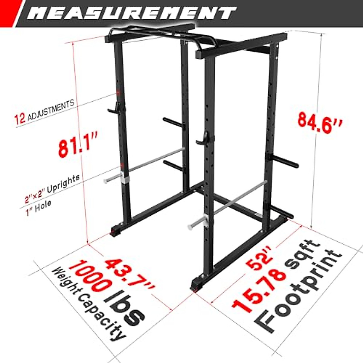 RitFit PPC01 Power Cage, 1000LB Capacity Power Rack Full Home Gym for Weightlifting, Come with J-Cups, Plate Holders and Other Attachments (Basic Version)-Black