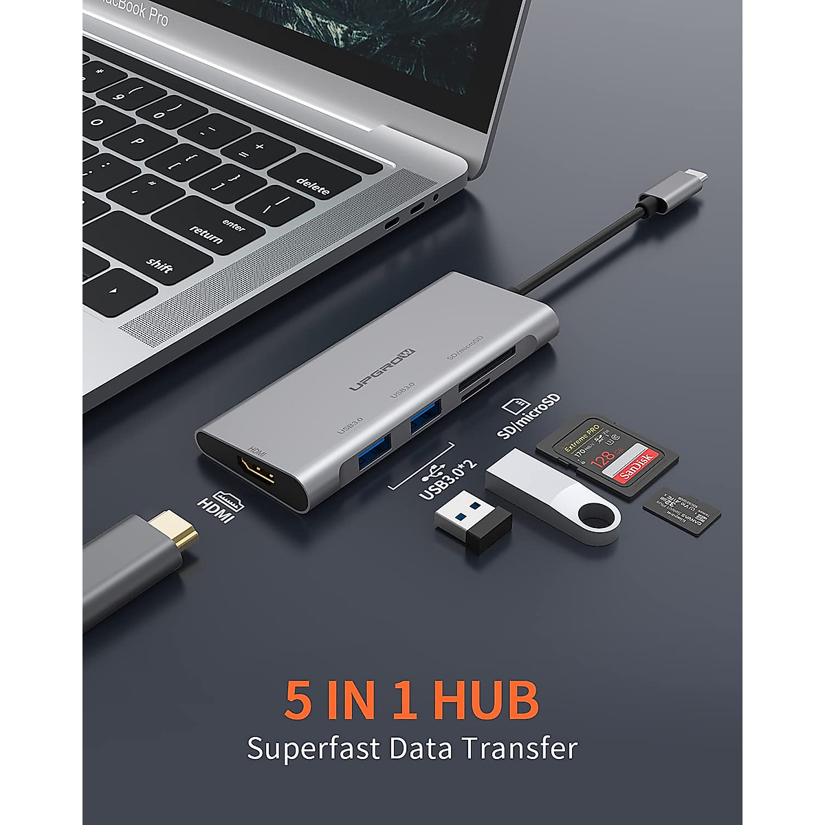UPGROW USB C to HDMI Hub, Type C 5 in 1 Adapter with 2 USB 3.0 Ports, 4K@30Hz HDMI, SD/TF Card Reader, Compatible with MacBook Pro 2018-2020, ChromeBook, Dell XPS, Surface Go and Other C-Port Laptops