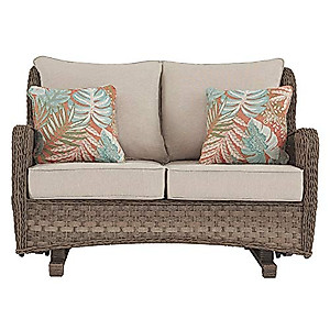 Signature Design by Ashley Clear Ridge Outdoor Handwoven Wicker Cushioned Loveseat Glider with 2 Throw Pillows, Light Brown
