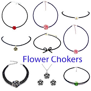 CF100 Black Choker With Red Rose, 925 Sterling Silver Black Spinel Beads Flower Red Rose Choker 13+2” (Red Rose