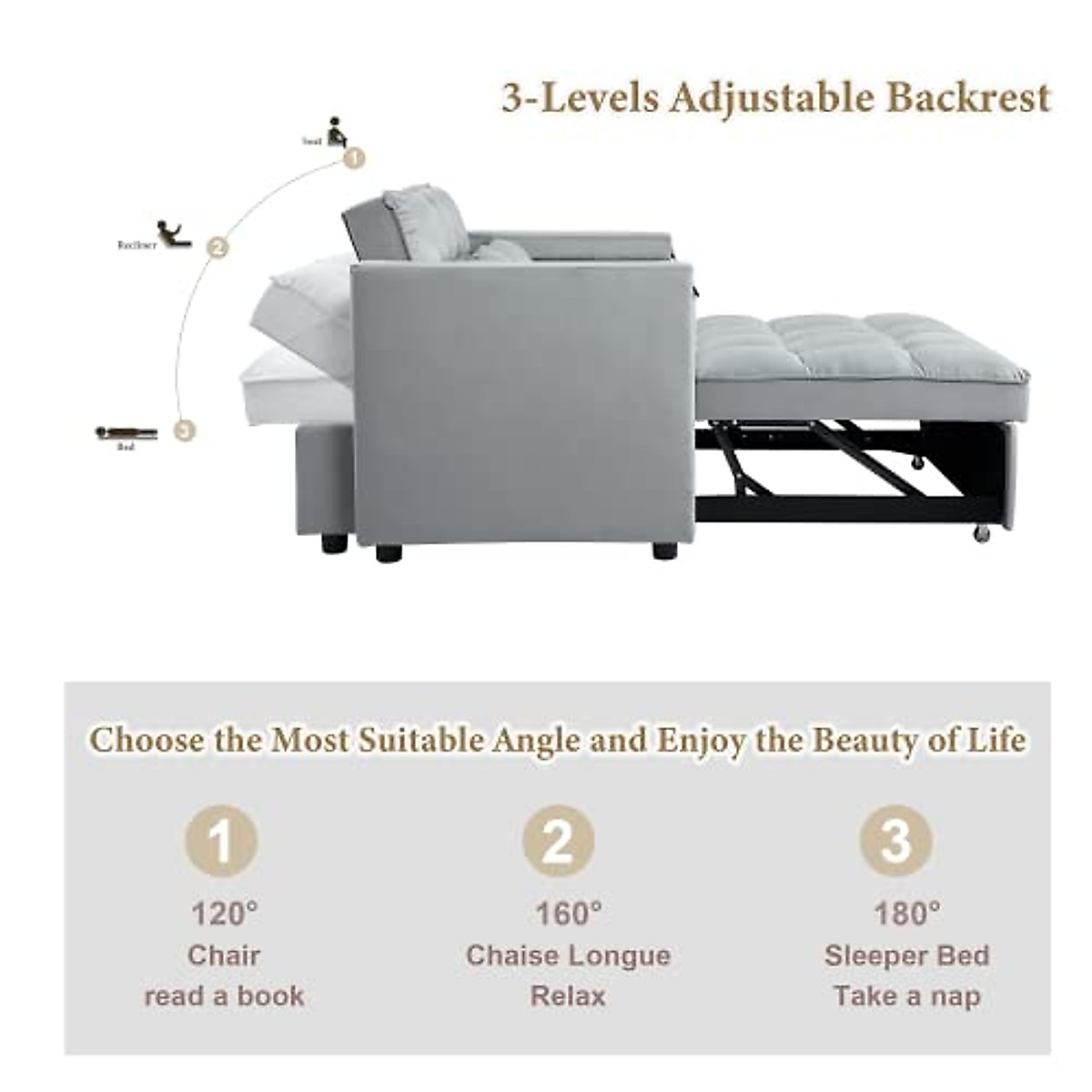 Convertible Sofa Bed, 3-in-1 Multi-Functional Velvet Sleeper Couch Pull-Out Bed, 48'' Loveseat Bed Chaise Lounge with Adjustable Backrest and Pillows, Hidden Side Table for Living Room, Small Space