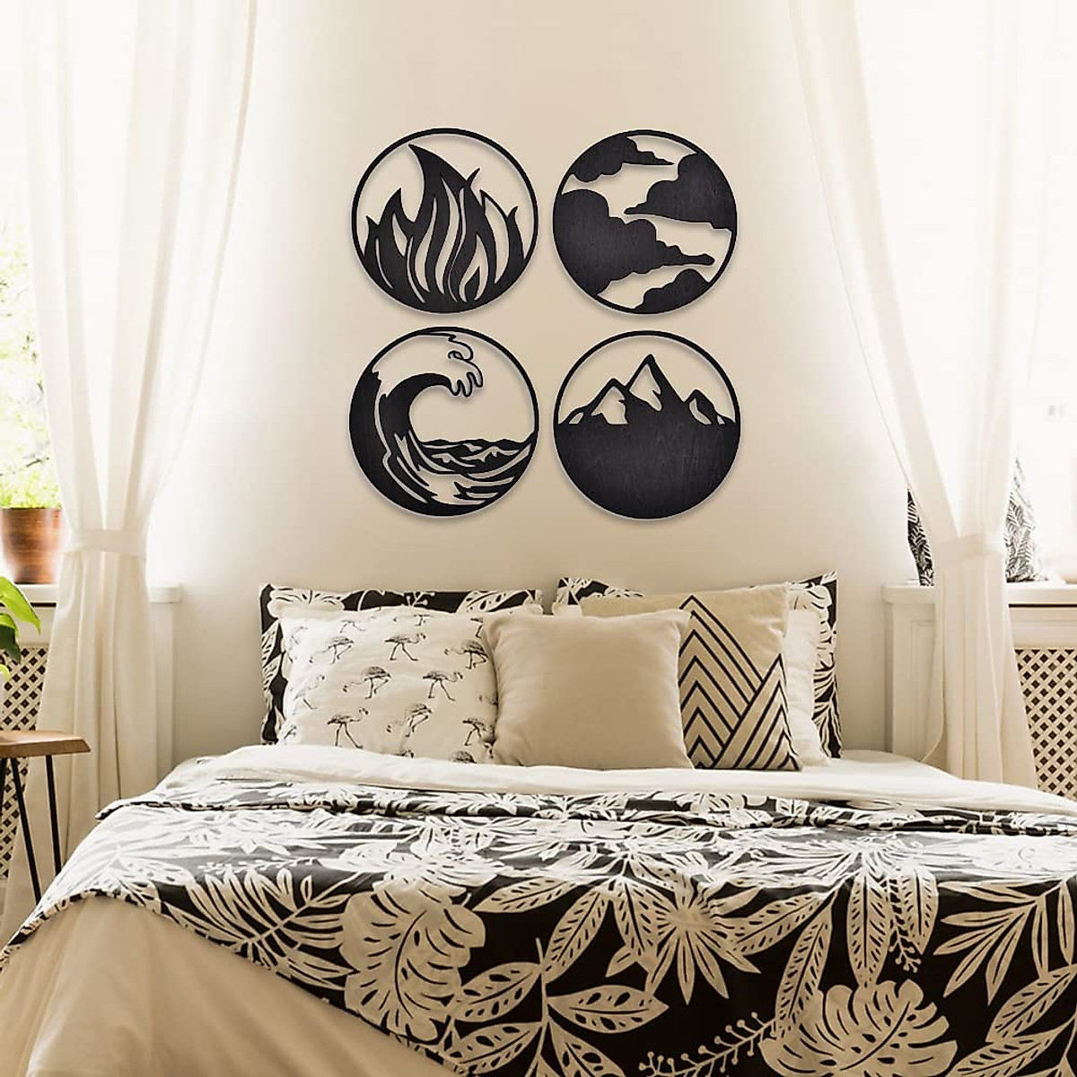 Four Elements Minimalist Wood Wall Art - 4 Elements Symbols Wall Decor - Fire, Water, Earth, Air Vector Sign - Wood Wall Decor Geometric - Bedroom Decor - Housewarming Gift