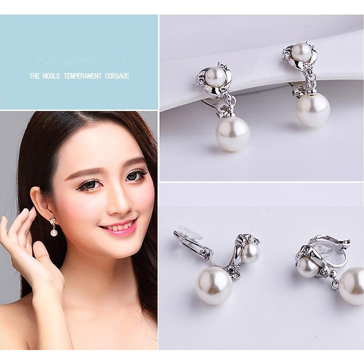 Acefeel Clip On Earring For Women White Pearl Non Pierced Clip Earrings