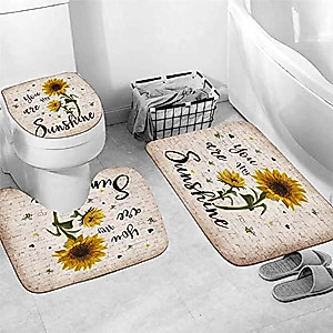 AZHM Sunflower Shower Curtain Sets with Rugs 4PCS You are My Sunshine Bathroom Decor Set Waterproof Shower Curtain Non-Slip Rugs Toilet Rugs Bath Mats Bathroom Curtains Shower Set with 12 Hooks