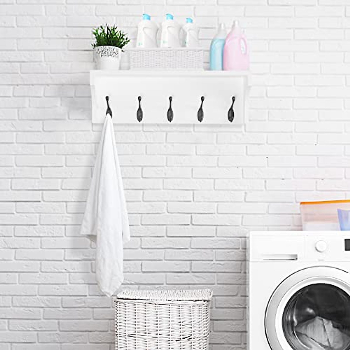 Dseap Wall Shelf with 5 Dual Hooks - 17-inch Heavy Duty Coat Rack Wall Mount with Shelf, Entryway Shelf with Hooks Underneath - Solid Pine Wood - for Entryway, Mudroom, Kitchen, Bathroom, White TEG02B