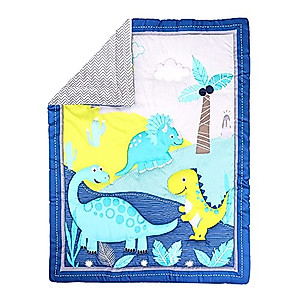 Baby Bees 4 Pieces Cartoon Dinosaurs Crib Bedding Sets for Boys and Girls | Baby Bedding Crib Set of Crib Fitted Sheet, Quilt, Dust Ruffle & Pillow Cover for Standard Size Crib,Blue
