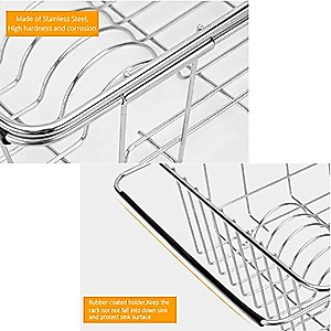 Jkhome Expandable Dish Drying Rack Adjustable Over Sink Dish Drainer Drain Stainless Steel Kitchen Fruit Vegetable Wash Storage Holder (Stainless Steel, Curved Bottom Type 17.32"x9.84"x4.33")