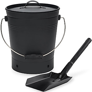 INNO STAGE Ash Bucket with Lid and Wood Handle Coal Shovel, Ash Carrier Pail Fireplace Tools,Fire Pit,Wood Burning Stove Black