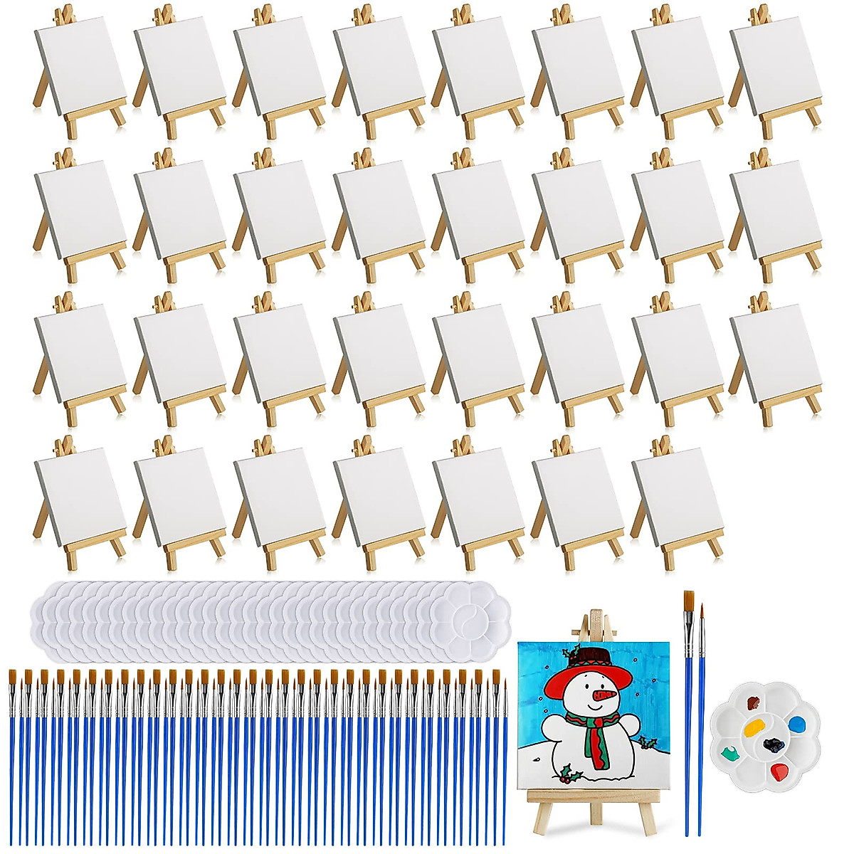 32 Pack Mini Canvases for Painting, Small Stretched Painting Canvas with Mini Easel 4x4 Inch, Art Canvases Painting Kit with 64 Brushes & 32 Paint Tray for Kids Acrylic Pouring Oil Water Color Supply
