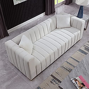 Familymill 87'' Modern Premium Velvet 3-Seater Sofa Couch with Metal Base Legs and 2 Pillows for Living Room/Bedroom, Ivory White