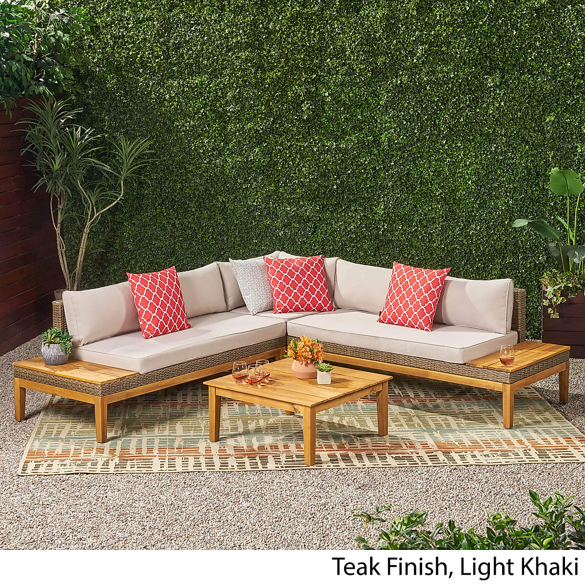 GDFStudio Outdoor Acacia Wood and Wicker 5 Seater Sectional Sofa Set with Water-Resistant Cushions, Teak and Light Khaki