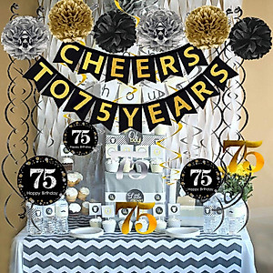 Famoby 75th Birthday Party Decorations Set- Gold Glittery Cheers to 75 Years Banner,Poms,12Pcs Sparkling 75 Hanging Swirls for 75th Birthday Decorations 75 Years Old Party Supplies