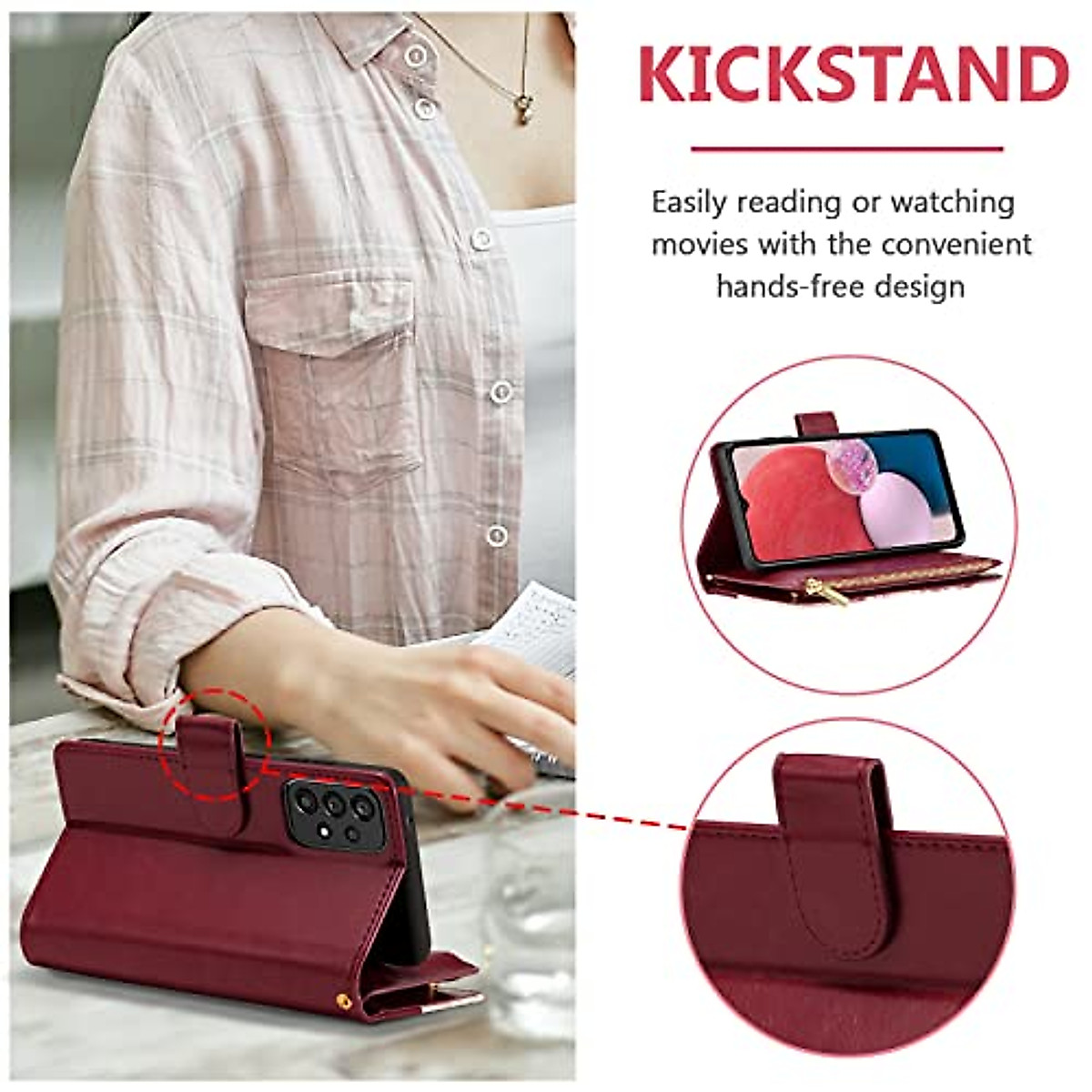 UEEBAI Wallet Case for Samsung Galaxy A13/A04s, PU Leather Magnetic Closure Handbag Zipper Pocket Case Kickstand Card Slots with Wrist Strap TPU Flip Cover for A13 5G/4G - Flower Wine Red