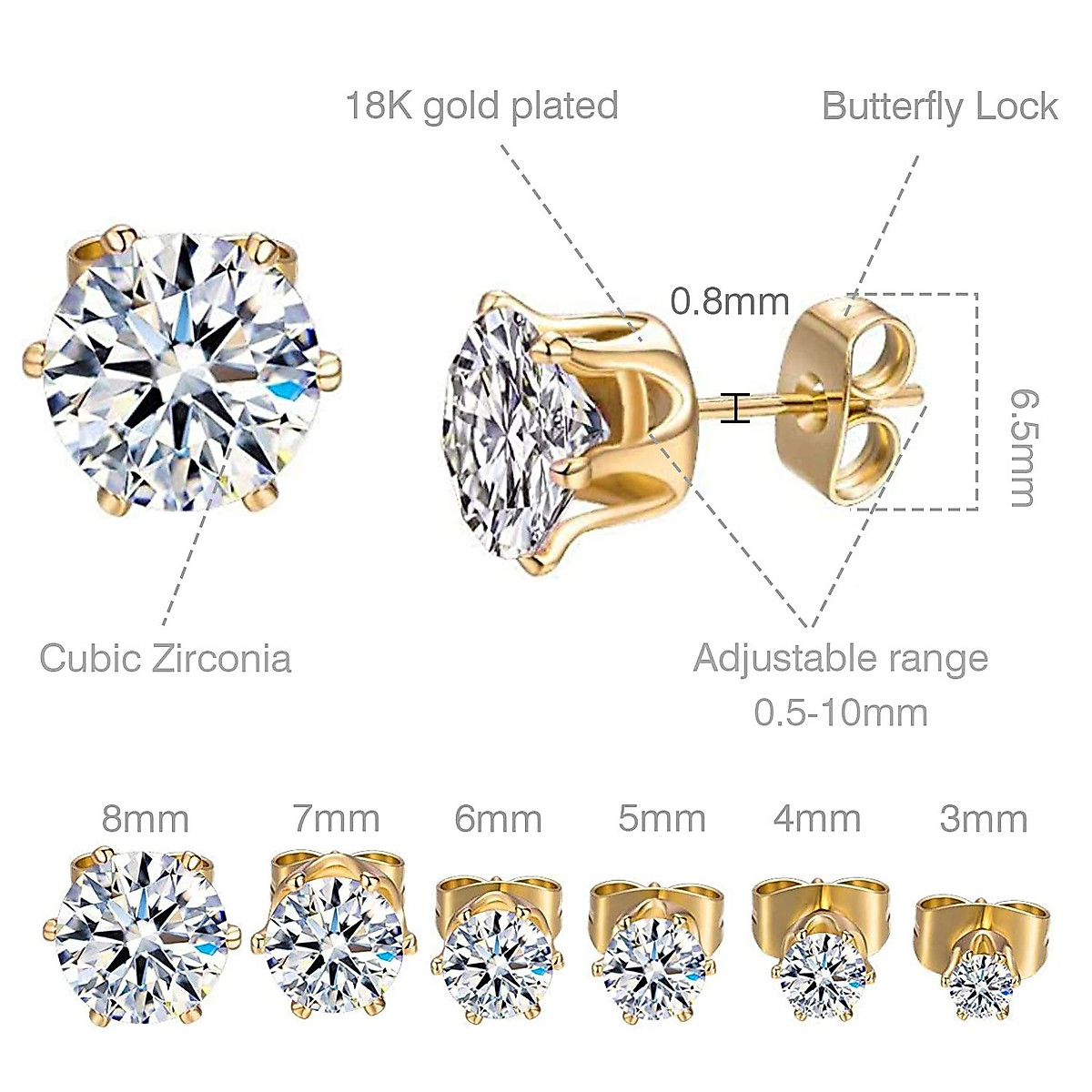 6 Pairs Graduated CZ Stud Earrings,18K Yellow Gold Plated Round Cubic Zirconia Stud Earrings for Women Pack of 6