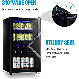 WANAI Beverage Refrigerator Cooler Mini Fridge Glass Door 100Can Beer Fridge Beverage Cooler Drinks Wines Juice Soda Cooler Adjustable Shelves Blue LED Lights Temp Control for Home Dorm 3.2 Cu. Ft