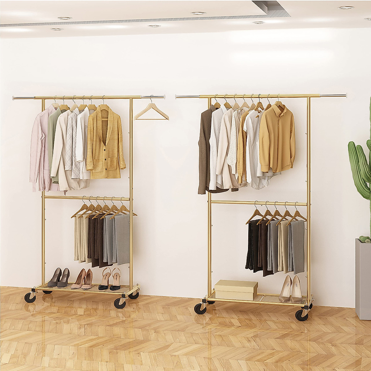 Simple Trending Standard Clothing Garment Rack, Rolling Clothes Organizer with Wheels and Bottom Shelves, Extendable, Golden Yellow