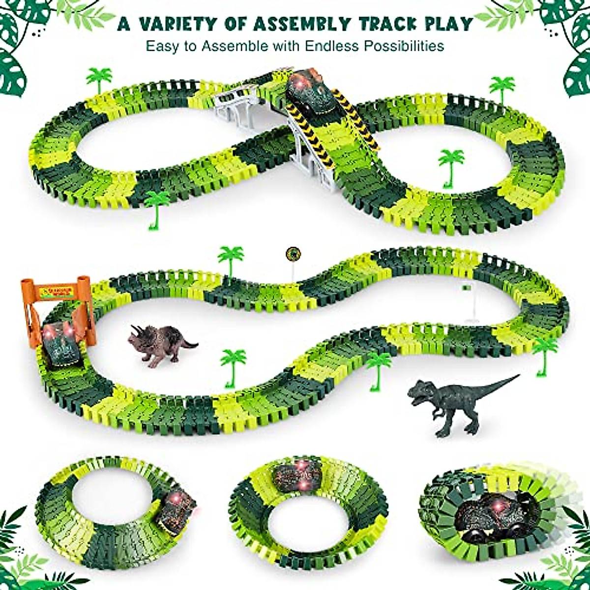 Dinosaur Tracks, 185 PCS Create A Dinosaur World Road Race for Kids Boys Toys Flexible Train Tracks Set and 2 Cool Dinosaurs Cars Dinosaur Toys for Age 3 4 5 6 7 8 Year & Up Old Boy Girls Best Gift