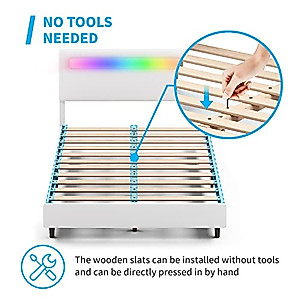 Mjkone Platform Bed Frame with Smart RGB LED Light Bar, Full Size Bed Frame with Headboard, Works with Alexa or Apps, Upholstered Bed Frames Adjustable Lighting Effects/ No Mattress (Full, White)