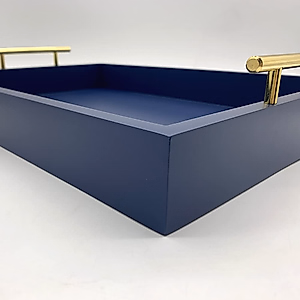 Simoei Serving Tray, Deluxe Tray for Coffee Table with Polished Gold Metal Handles and 2 Coasters, Living Room Bathroom Organizer Modern Decorative Tray, for Storage Or Display (Blue)