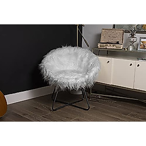 BIRDROCK HOME Grey Faux Fur Papasan Chair with Black Legs - Kids Bedroom Moon Chair - Comfy Wide Cushion Seat - Living Room Saucer - Metal - Fluffy Round Seat - Circle