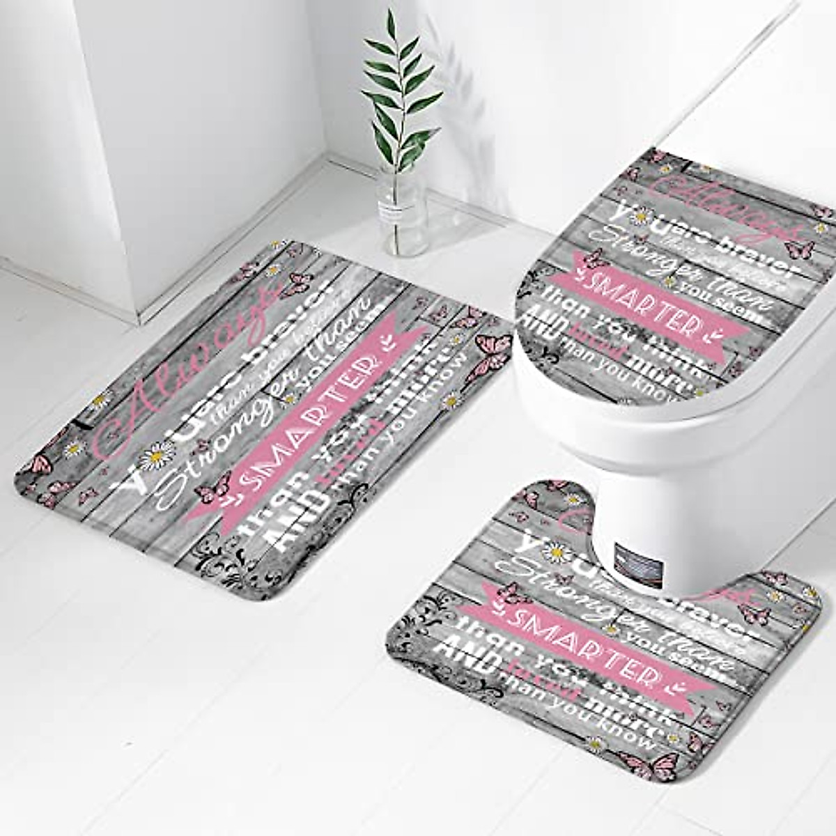 AAtter 4 Piece Pink and Grey Shower Curtain Set Inspirational Quotes Girls Kids Motivational Women 60Wx72L Curtains Decor with Non-Slip Rugs, Toilet Lid Cover and Bath Mat Bathroom Accessories, Rustic