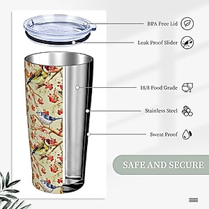 20oz Tumbler Watercolor Cute Birds Double Wall Vacuum Insulated Coffee Mug with Lid and Metal Straw Brush Reusable Stainless Steel Water Bottle Travel Cup Gifts for Car Ice Drinks Hot Beverage
