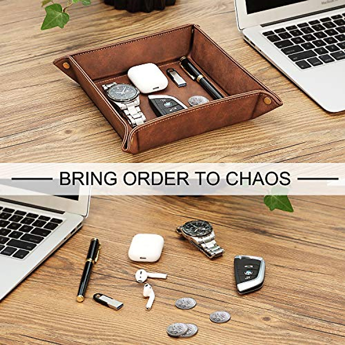 SITHON Valet Tray Desktop Storage Organizer – Premium PU Leather Catchall Tray Bedside Vanity Tray Nightstand Caddy Holder for Remote Controller, Keys, Phone, Wallet, Coin, Jewelry, Brown