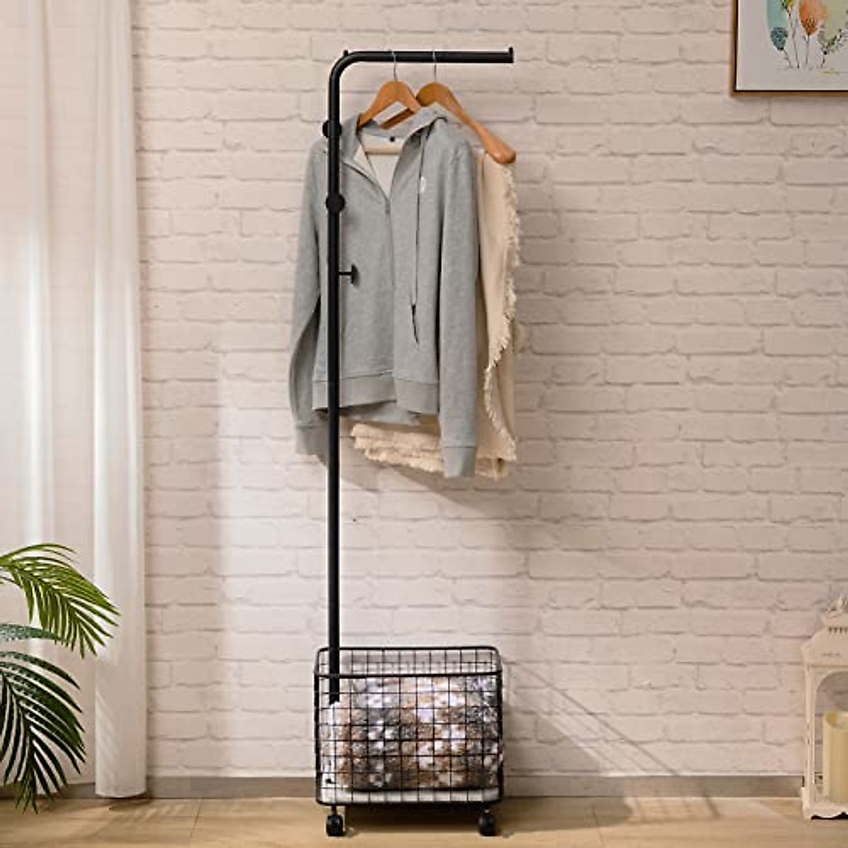 DOEWORKS L-Style Laundry Rolling Basket Cart with Clothes Hanging Bulter and Wheels, Laundry Hamper Sorter for Lavatory with Hanging Bar, Black
