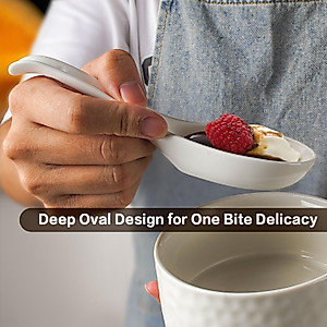 Wareland Asian Soup Spoons Set of 6, Ceramic Chinese Soup Spoons 7 Inch Japanese Spoon for Ramen Pho Dumpling Miso Wonton Noodles | Long Handle Flat Bottom Deep Oval Hook Design | White