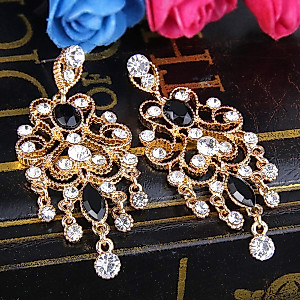 BriLove Wedding Bridal Dangle Earrings for Women Vintage Style Crystal Drop Hollow Filigree Chandelier Dangle Earrings Black Gold-Toned