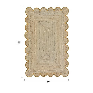 THE PIKKU INTERNATIONAL - Handmade Jute Rug Beige with Scallop Yellow Border Rectangle Hand Woven Farmhouse Jute Area Rug (7 x 11 ft)