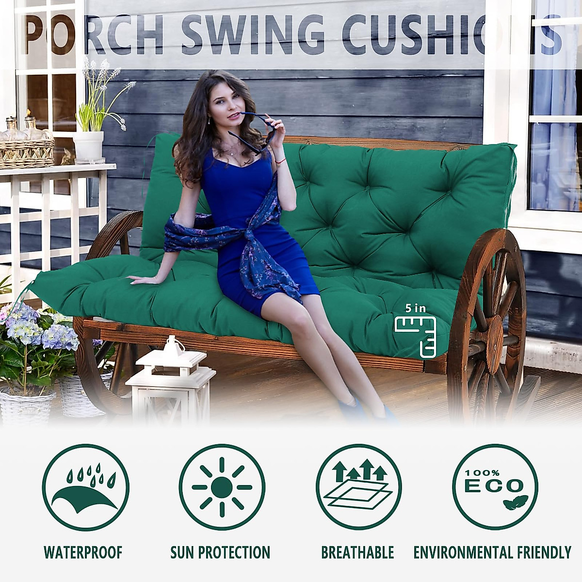 Porch Swing Cushions Waterproof Outdoor Swing Cushions 2-3 Seater Thicken 5" Dark Green Patio Swing Cushion with Backrest 60 ×40" Swing Replacement Cushion for Outdoor Furniture