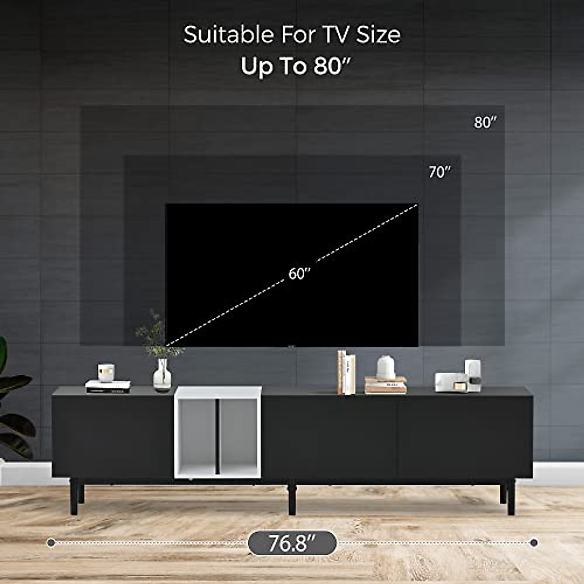80 Inch TV Stand with Storage Cabinet and Open Shelves, Modern Black Media TV Console for TVs up to 80", Minimalist Wood Entertainment Center for Living Room, Bedroom